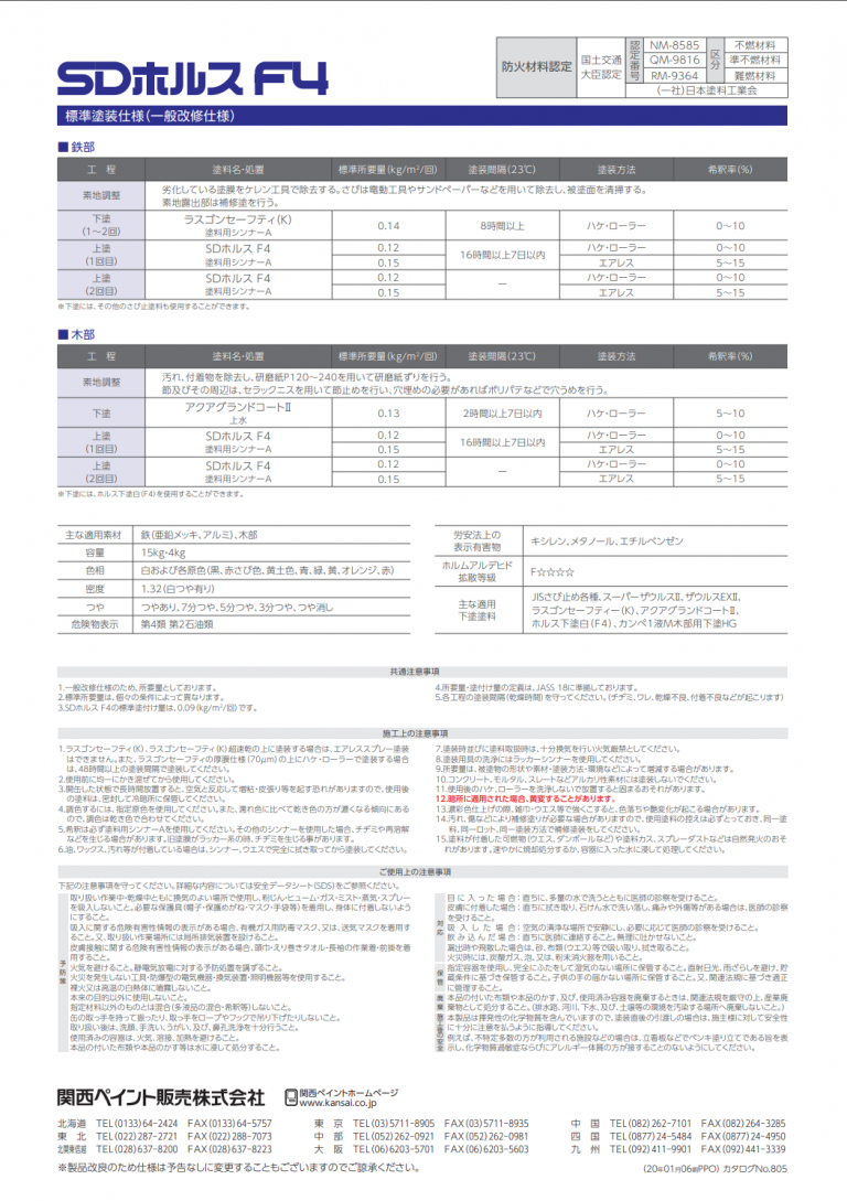SDホルスF4 ＃鉄部、亜鉛めっき、木部 ＃ハケ塗りでの伸びが良好で、作業性と仕上りに優れる合成調合ペイント＃関西ペイント – 塗料通販・ペンキ販売のPaintStore.JP